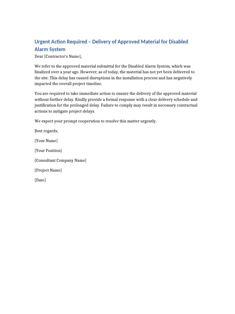 Delivery Delay Letter Disabled Alarm System | PDF