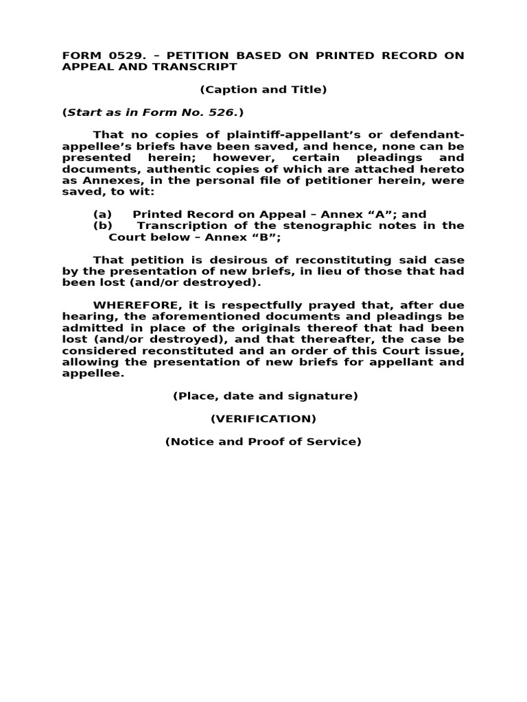 Form 0529 Petition Based On Printed Record On Appeal and Transcript | PDF