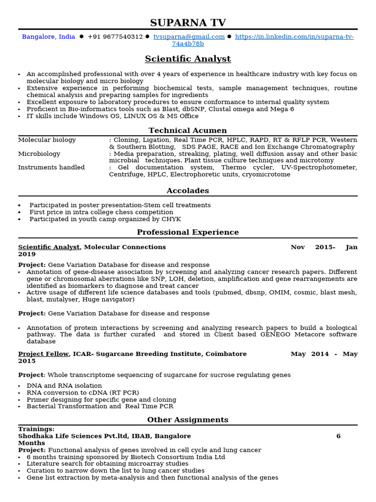 Suparna TV - Scientific Analyst - 4 Yrs 1 Month | PDF | Polymerase ...