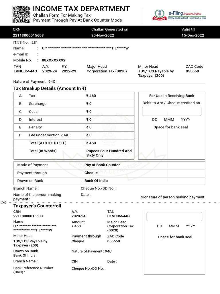 Income Tax Payment Challan Form 2023 | PDF | Cheque | Banks