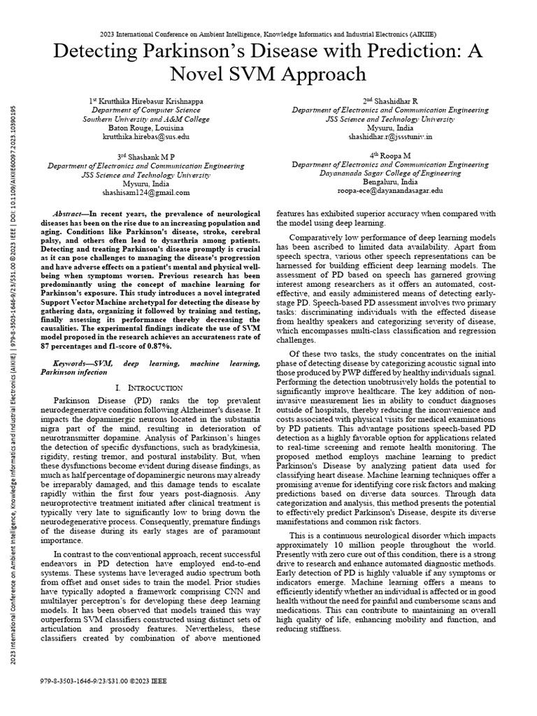 Detecting Parkinsons Disease With Prediction A Novel SVM Approach | PDF | Parkinson's Disease ...