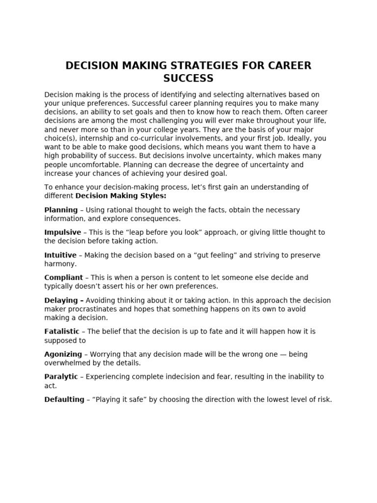 Decision Making Strategies For Career Success | PDF | Decision Making ...