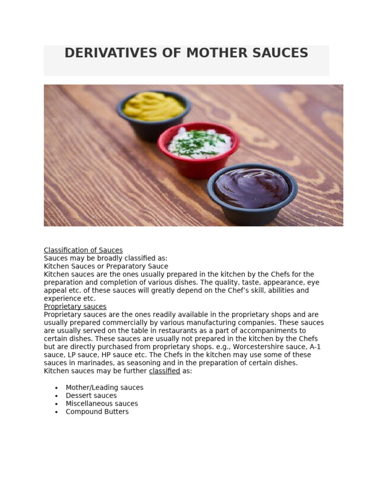 Mother Sauces and Their Derivatives | PDF | Sauce | Custard