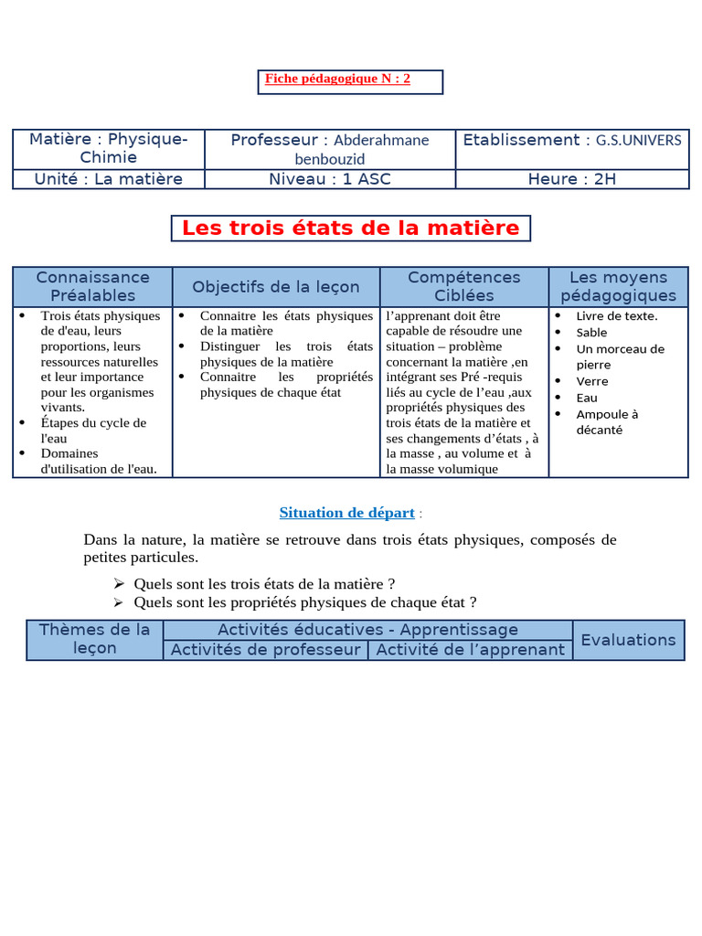 Les trois états de la matière | PDF | Matière | Pédagogie
