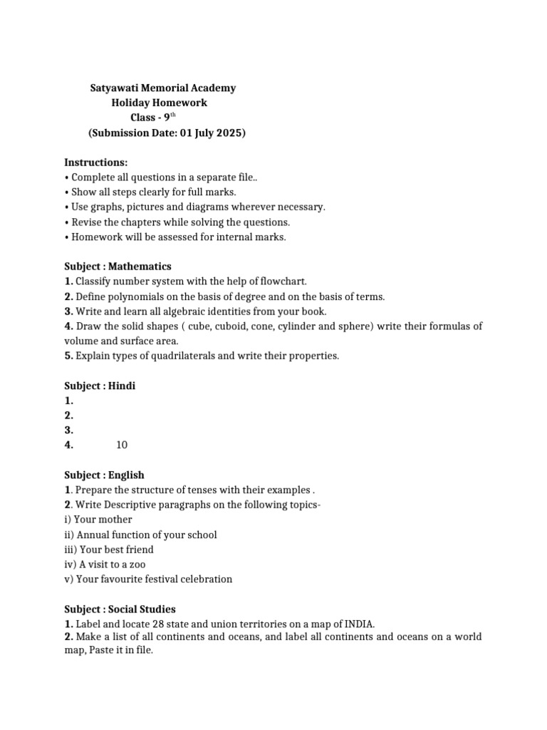 Holiday Homework Class 9 | PDF | Cell (Biology)