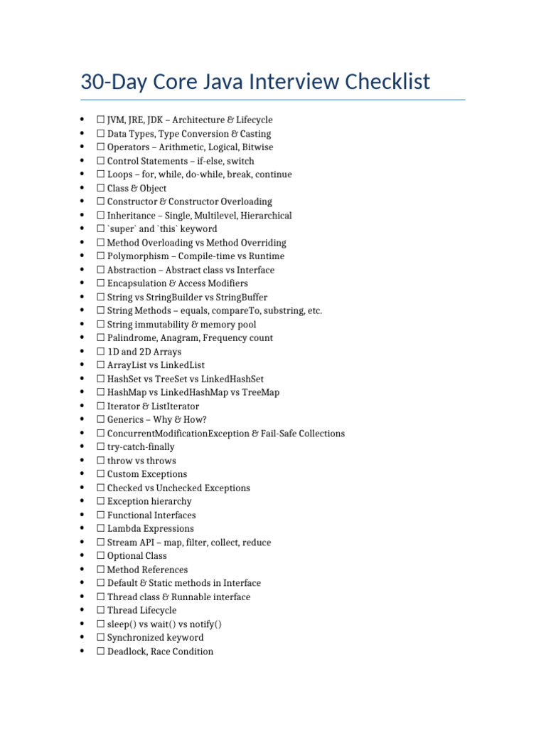 Java 30 Day Checklist | PDF