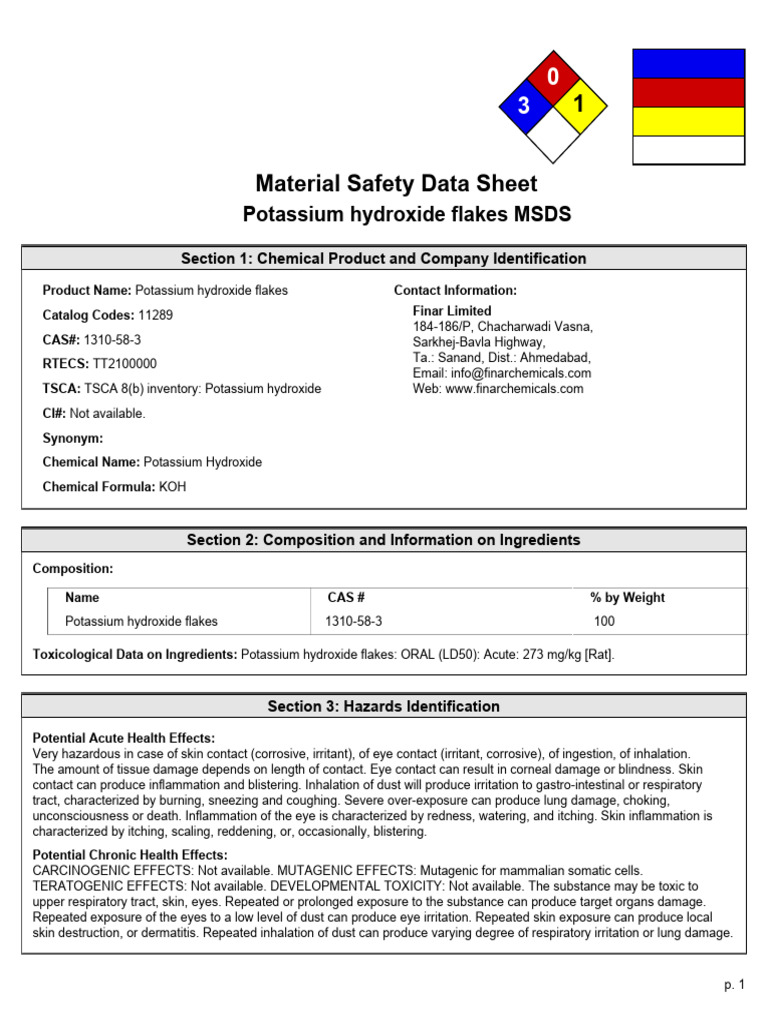 Potassium Hydroxide Flakes | PDF | Water | Toxicity