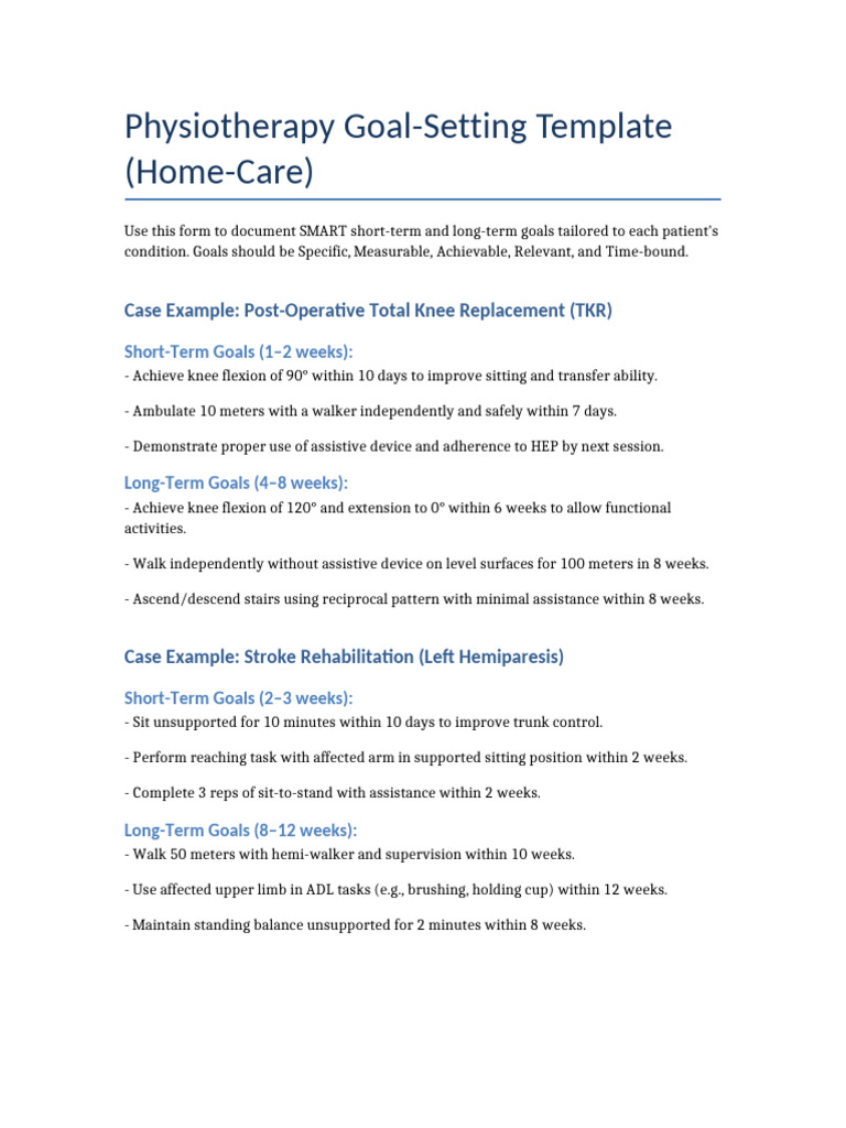 Physiotherapy Goal Setting Template HomeCare | PDF