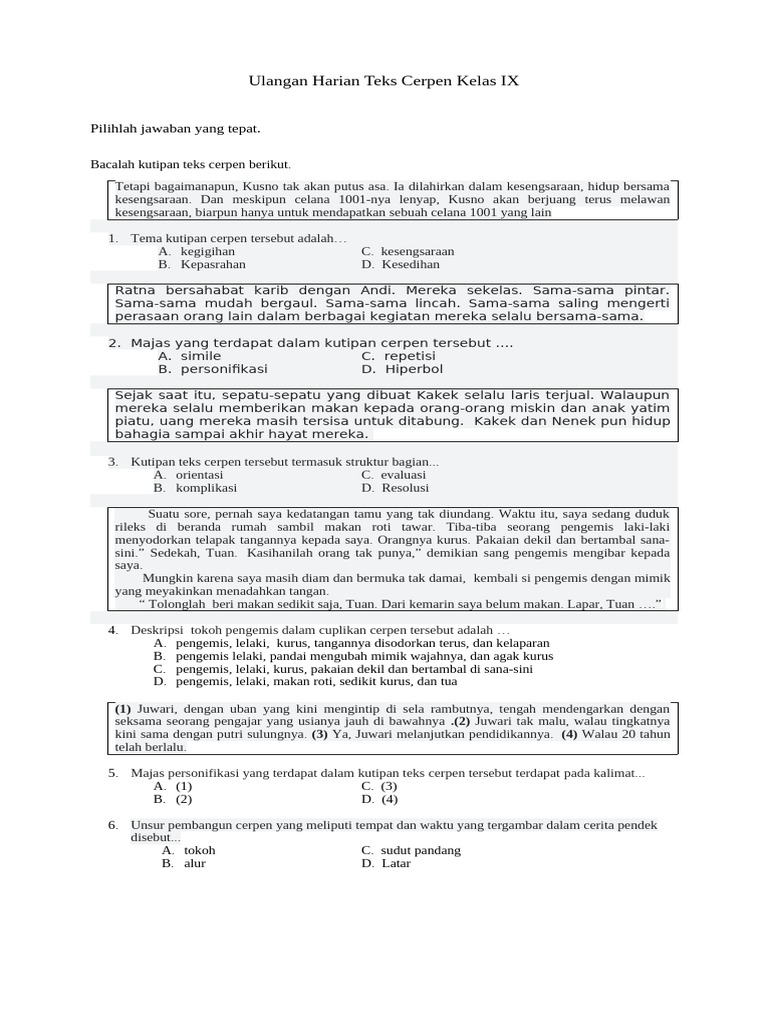 Ulangan Harian Teks Cerpen Kelas IX | PDF