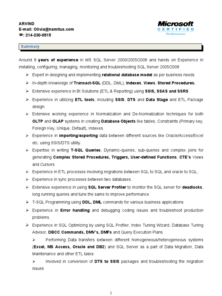 Arvind Sql Server Bi Developer Pdf Microsoft Sql Server Microsoft