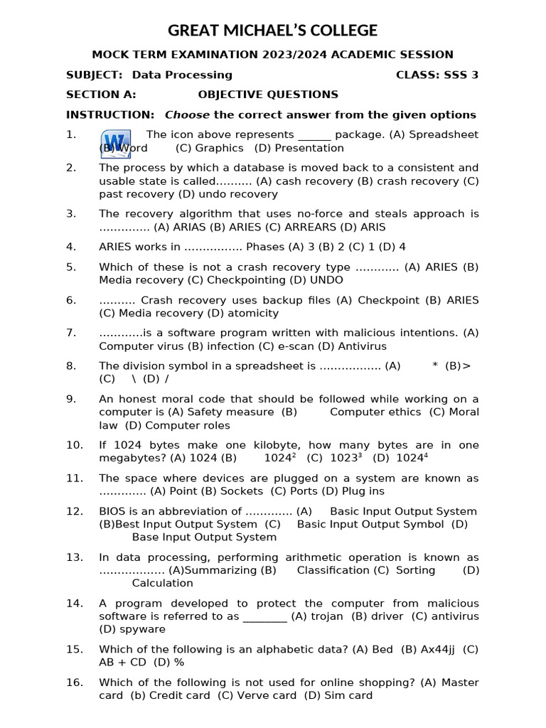 Data Processing Mock Exam 2023/2024 | PDF | Computer Data Storage ...