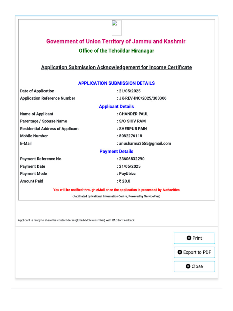 ServicePlus - Application For Issuance of Income Certificate by Tehsildar | PDF