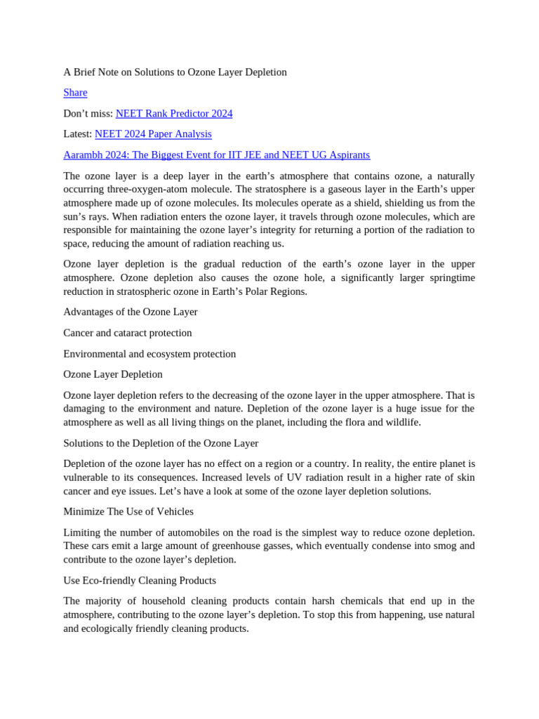A Brief Note On Solutions To Ozone Layer Depletion | PDF | Ozone ...