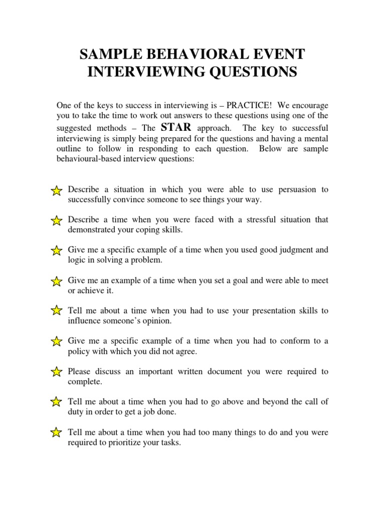Sample Behavioral Event Interviewing Questions | PDF | Interview ...