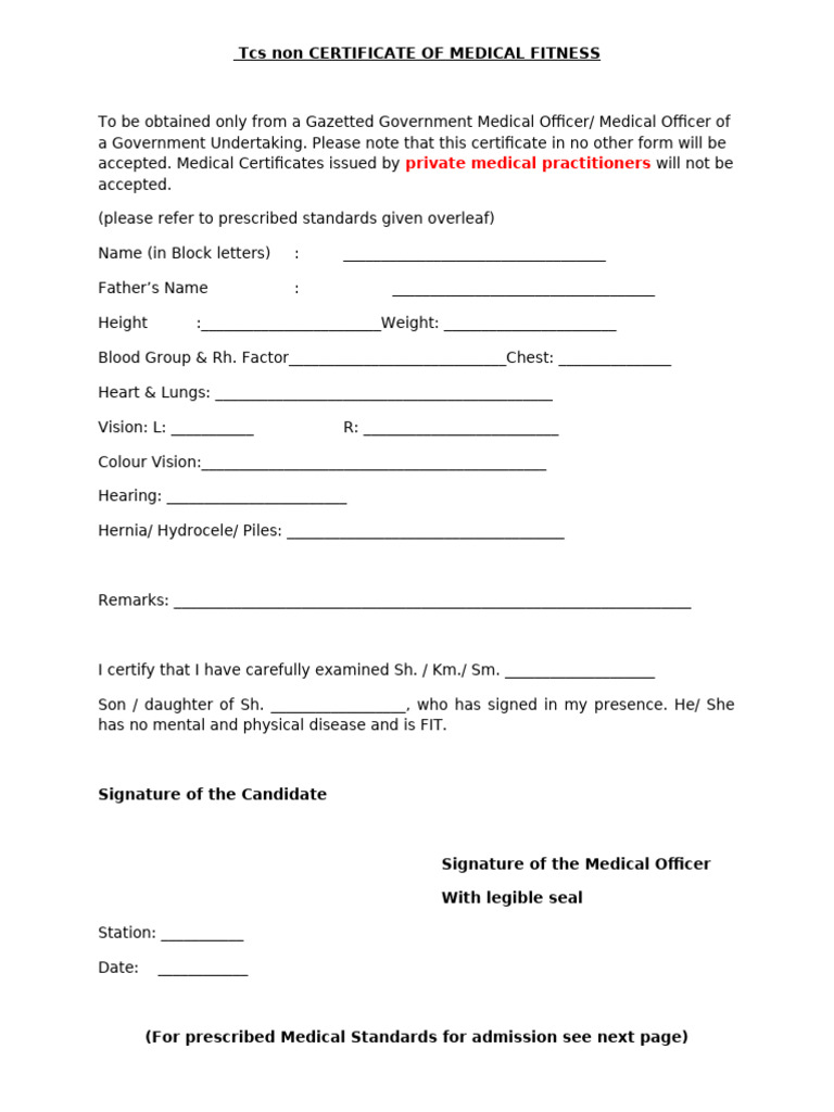 Medical Fitness Certificate Requirements | PDF | Diseases And Disorders ...