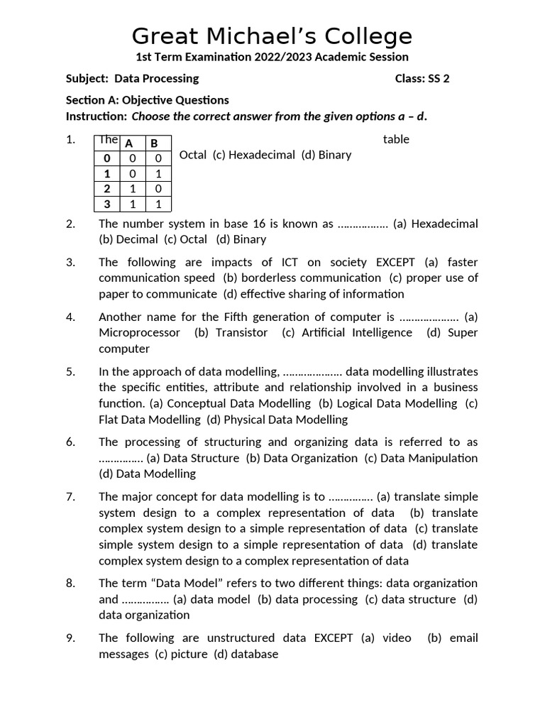 Data Processing SS 2 First Term 2022 - 2023 Examination | PDF | Data Model | Computing