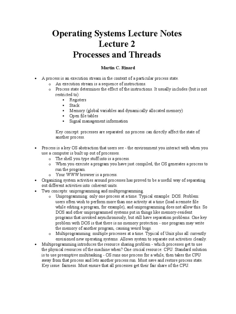 Operating Systems Lecture Notes Processes and Threads: Martin C. Rinard ...