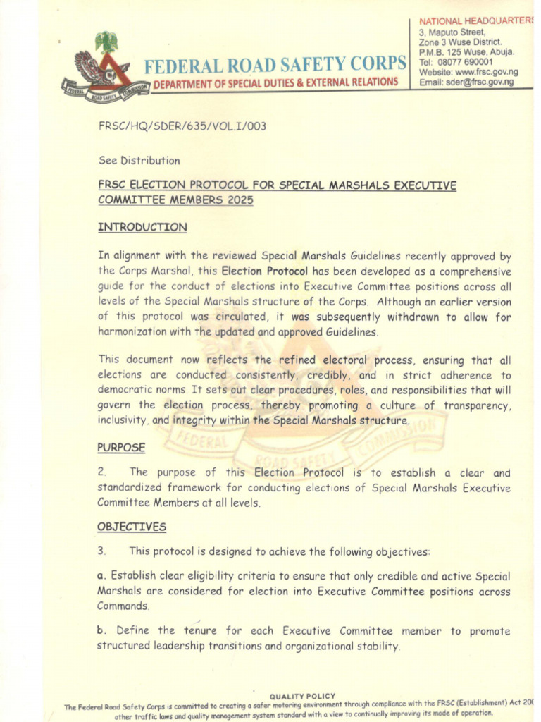 FRSC Election Protocol For Special Marshals Executive Committee | PDF
