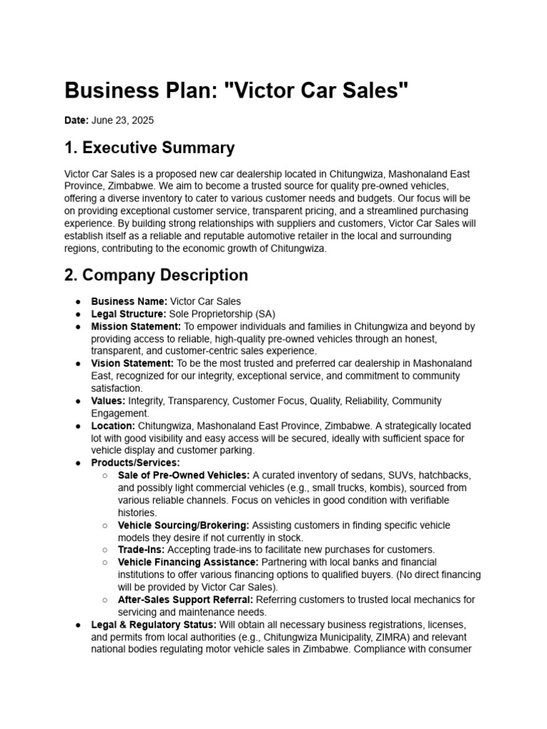 Business Plan - Victor Car Sales | PDF | Revenue | Expense