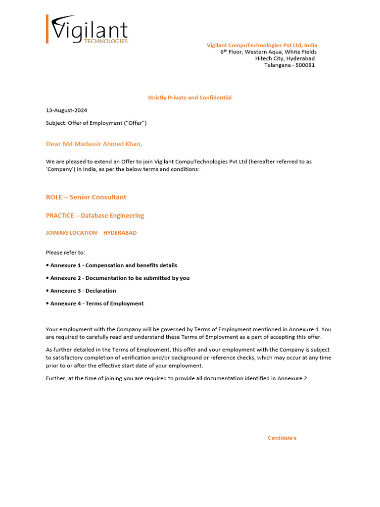 Vigilant CompuTechnologies PVT LTD L Offer Letter L MD Mudassir Ahmed ...