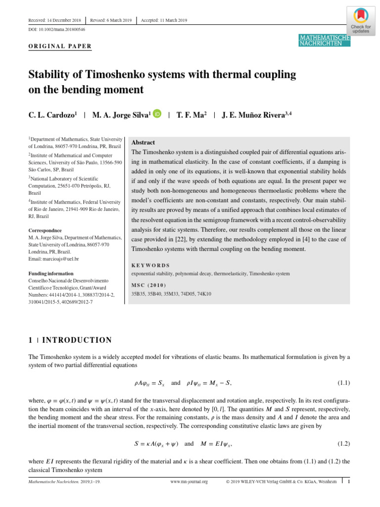 (Rivera Et Al., 2018) Stability of Timoshenko Systems With Thermal Couplingon The Bending Moment ...