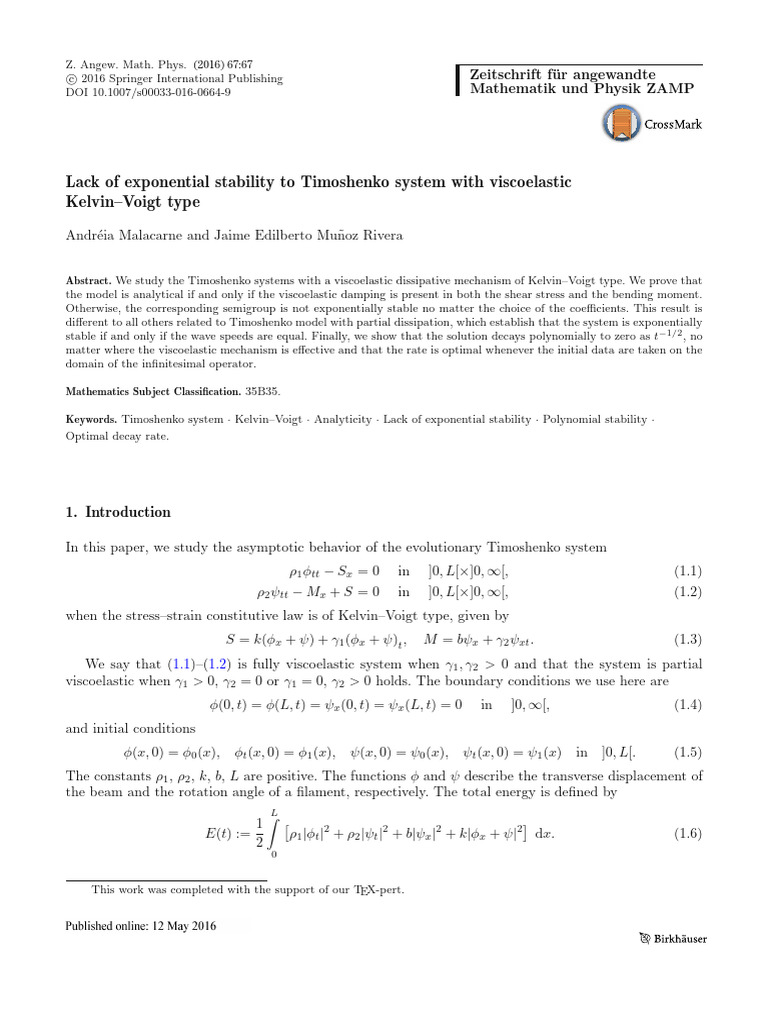 (Rivera and Malacarne, 2016) Lack of Exponential Stability To Timoshenko System With ...