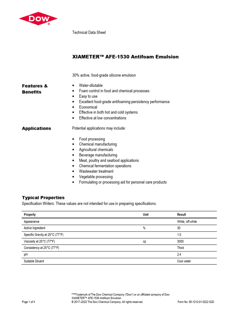 XIAMETER AFE-1530 Antifoam Emulsion | PDF | Dow Chemical Company ...