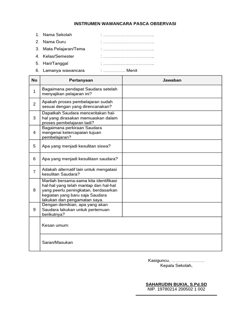Inst. Wawancara Pasca Observasi | PDF