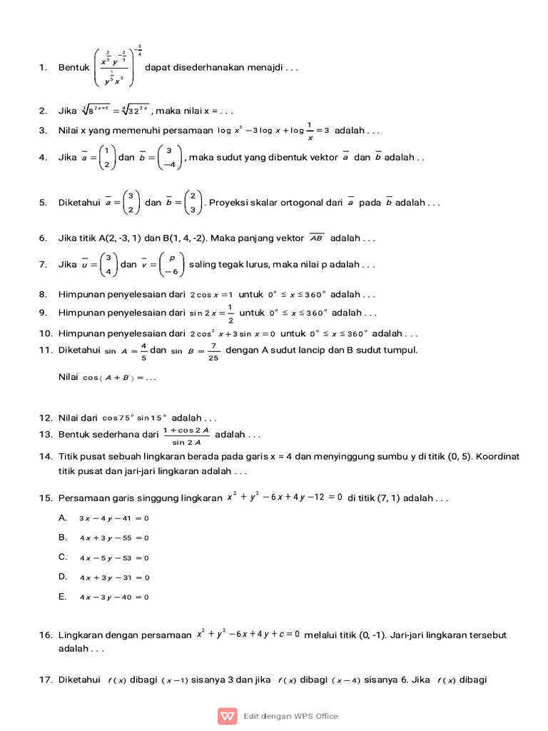 Soal Latihan Psaj Matematika Peminatan | PDF