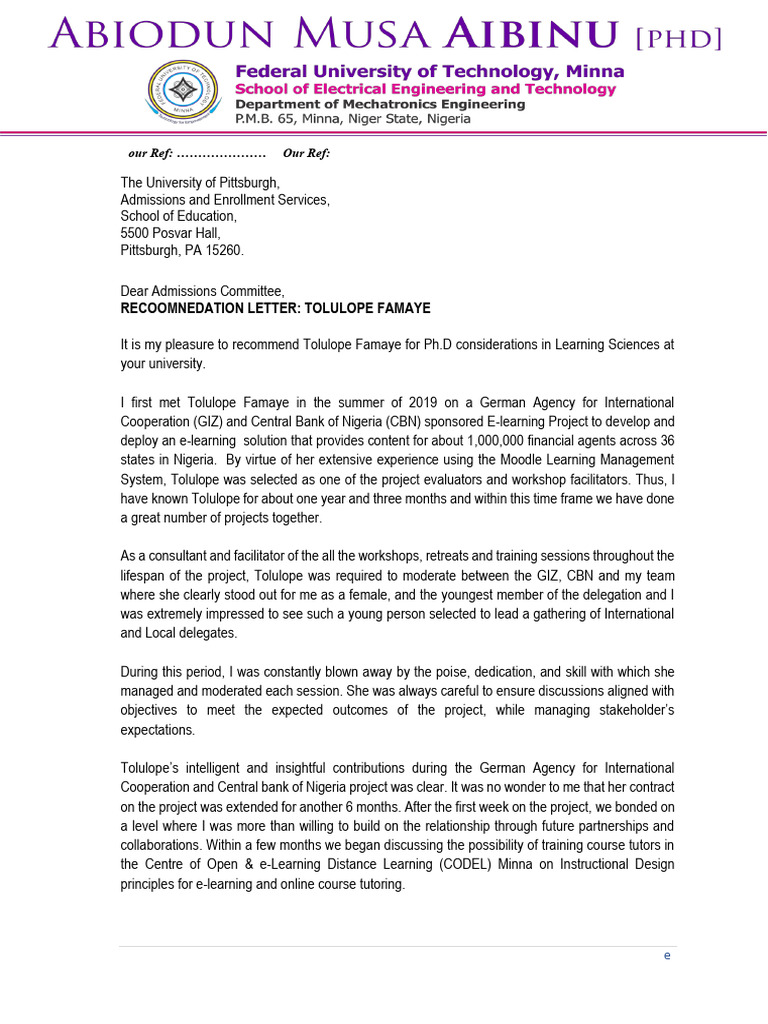 Recommendation Letter - Tolulope | PDF | Educational Technology | Mentorship