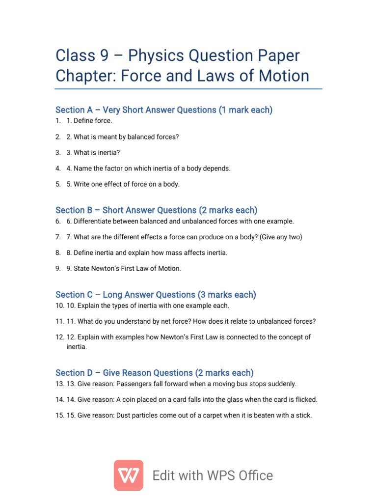 Class 9 Physics Question Paper Force and Laws | PDF