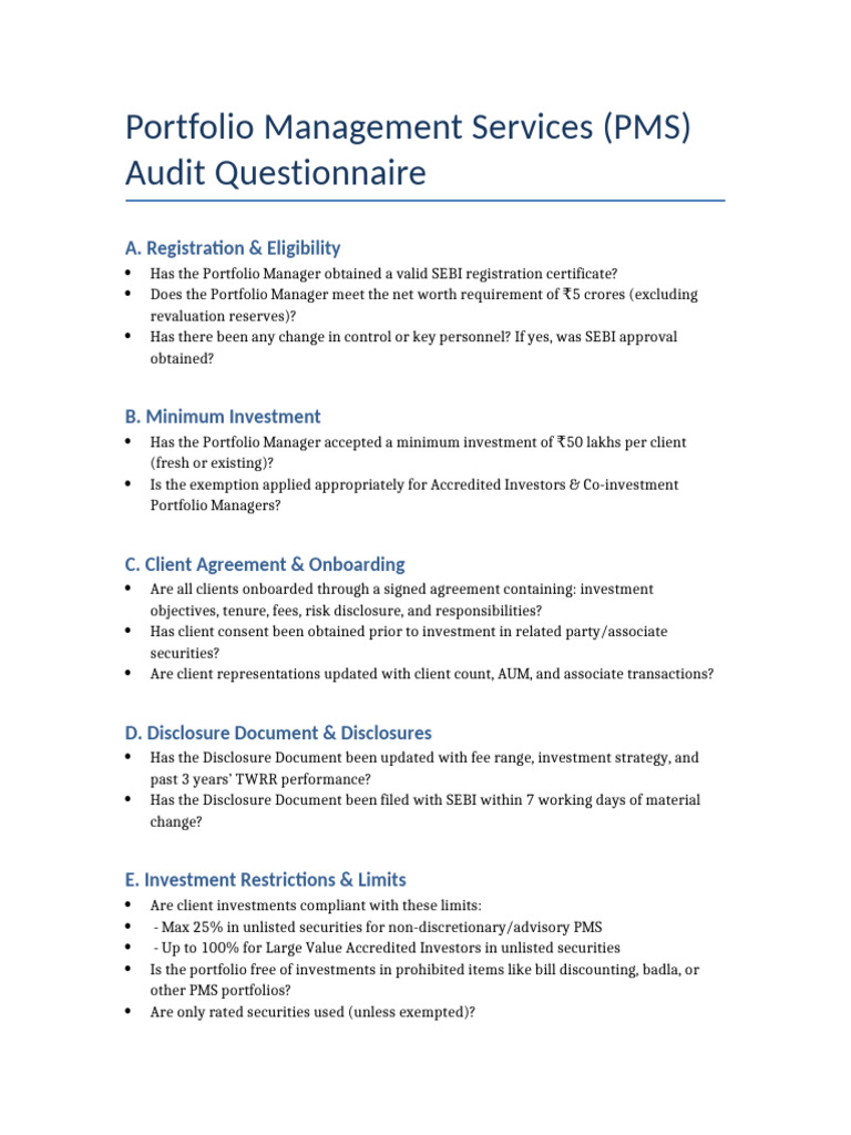 PMS Audit Compliance Checklist | PDF | Investing | Securities (Finance)