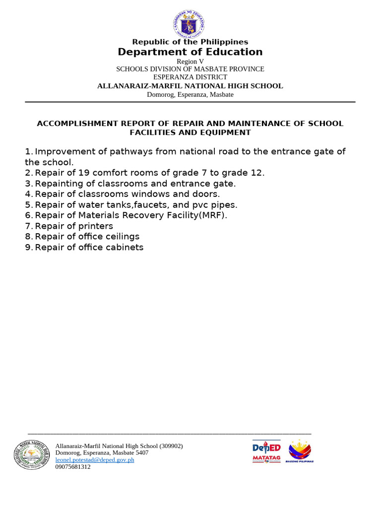 Accomplishment Report of Repair and Maintenance | PDF | Chess Openings ...