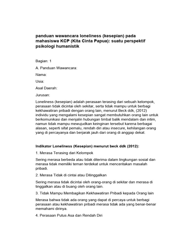 Panduan Wawancara Loneliness (Kesepian) Pada Mahasiswa Kcp | PDF