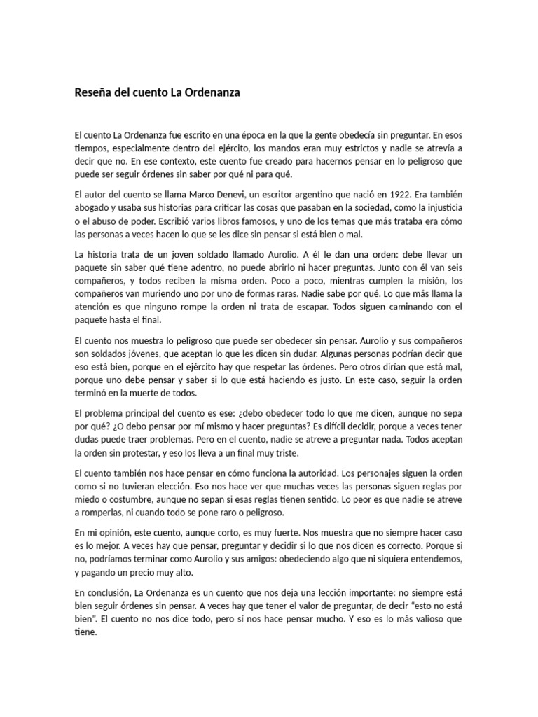 Reseña Del Cuento La Ordenanza | PDF