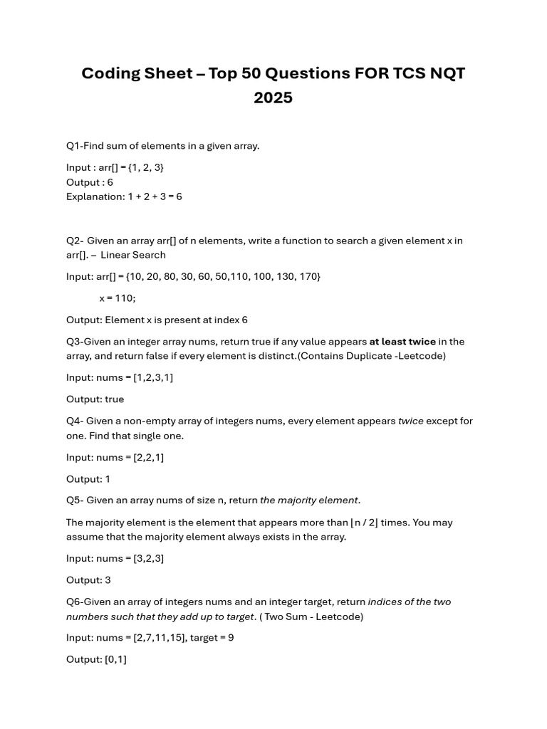 (11 Tcs NQT 2024 Asked Questions) Tcs NQT 2025 Top 50 Coding | PDF | Numbers | String (Computer ...