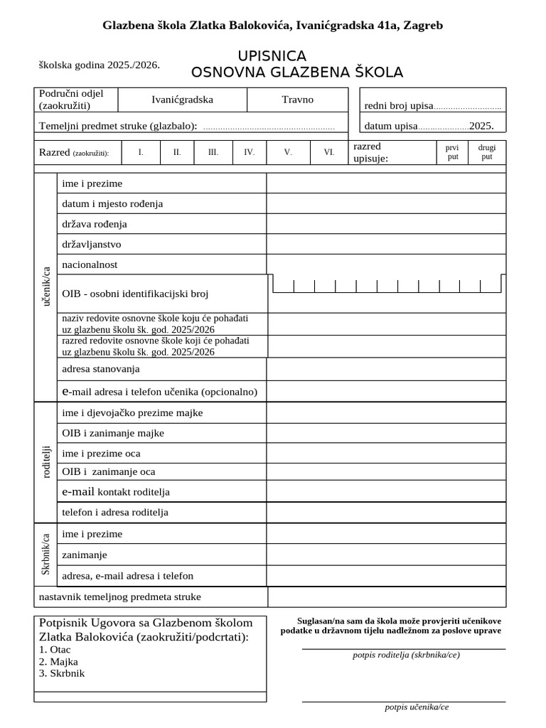 Upisnica Osnovna Glazbena Škola, Šk. God. 2025 2026 | PDF