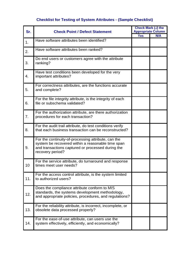 Checklist For Testing The Attributes of The System | PDF | Software | Audit