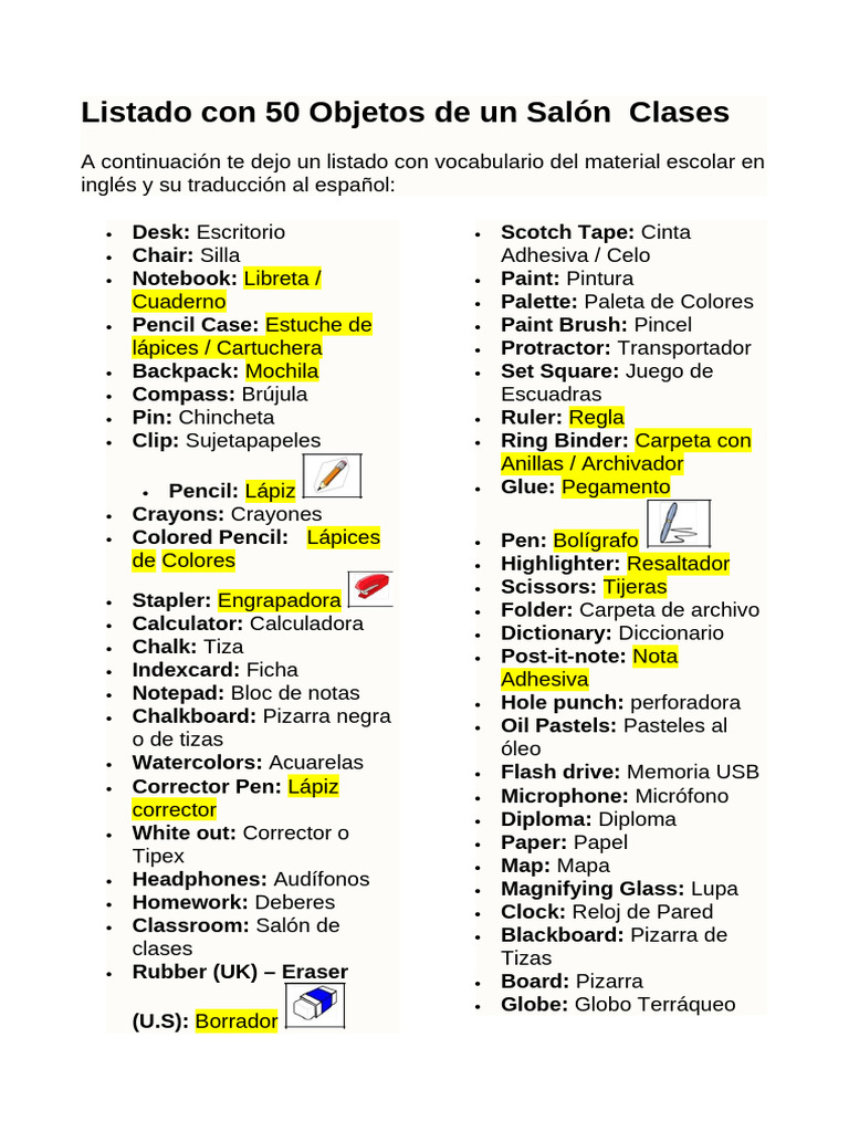 Listado Con 50 Objetos de Un Salón de Clases | PDF | Materiales de ...