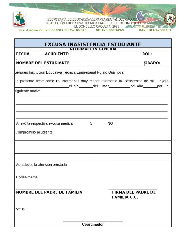 01 Formato Excusas Por Inasistencias | PDF