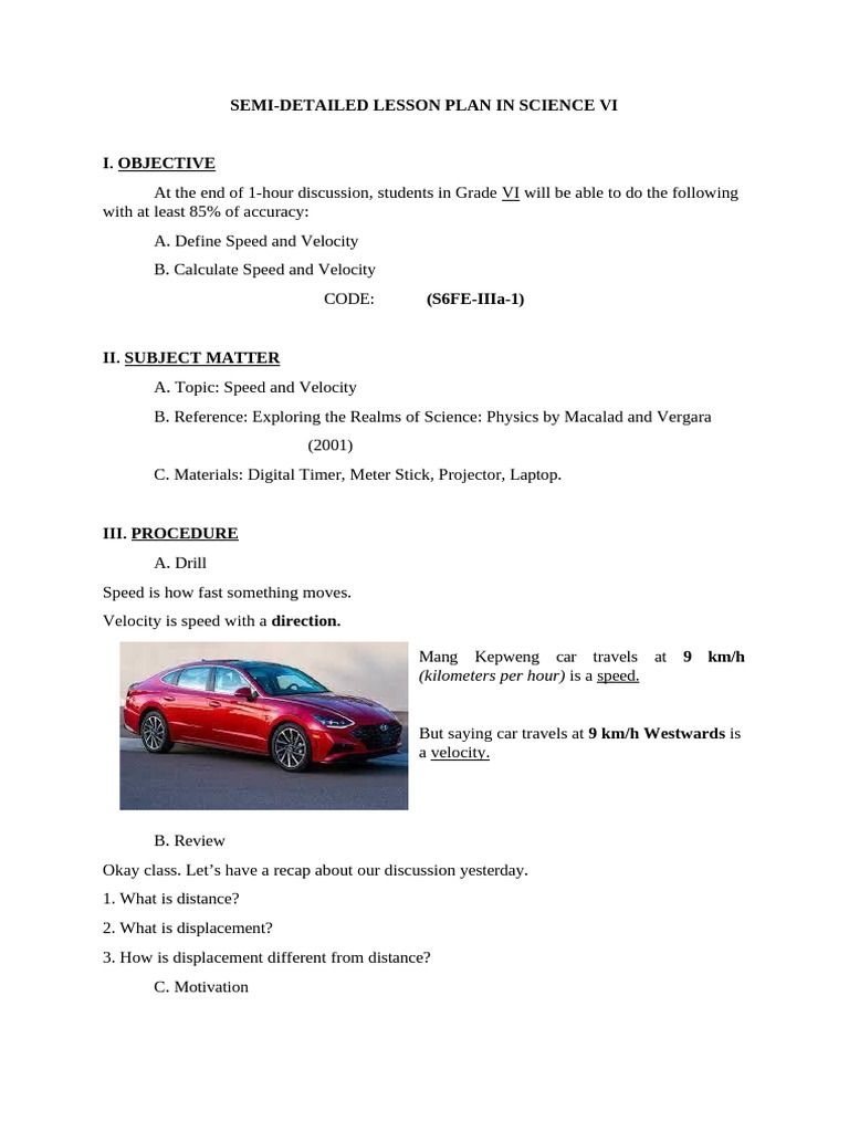 Semi Detailed Lesson Plan Speed and Velocity | PDF | Speed | Velocity