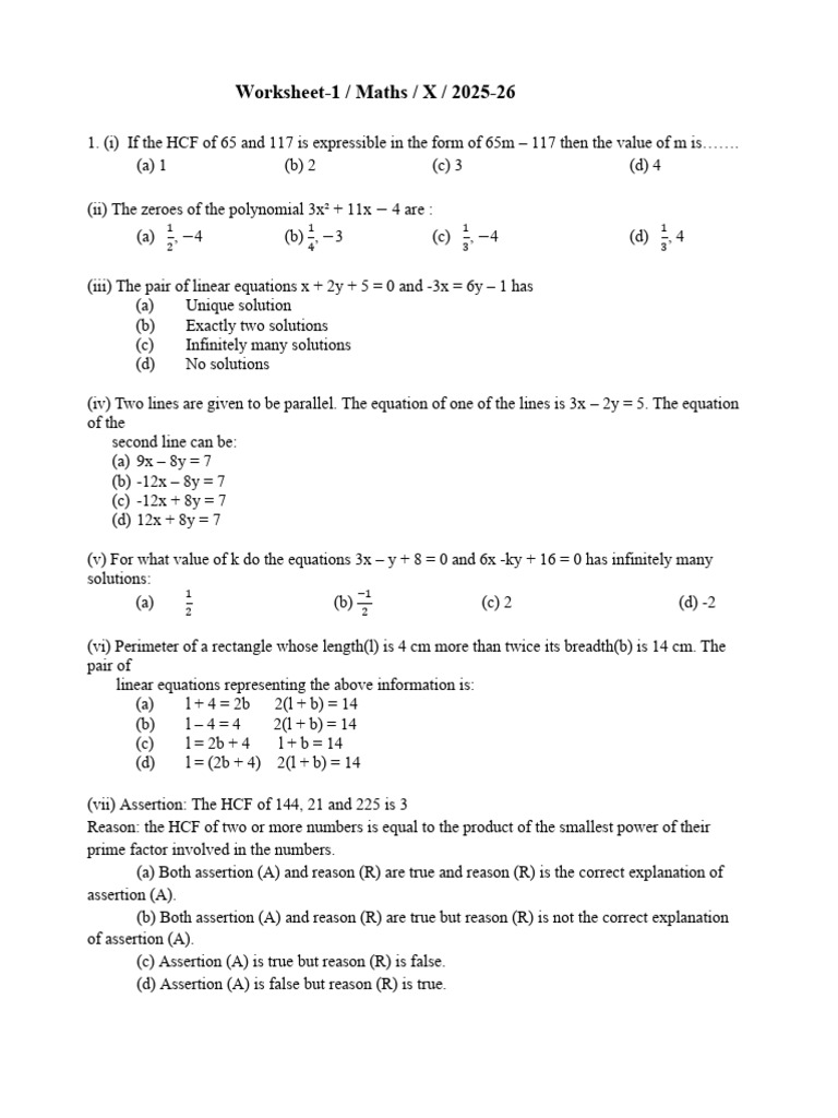 Class 10 Maths Worksheet 1 | PDF | Equations | Numbers