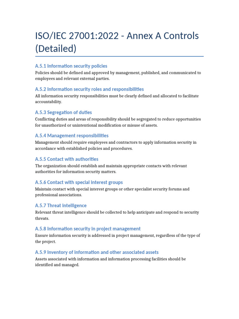 ISO 27001:2022 Annex A Controls Overview | PDF | Information Security ...