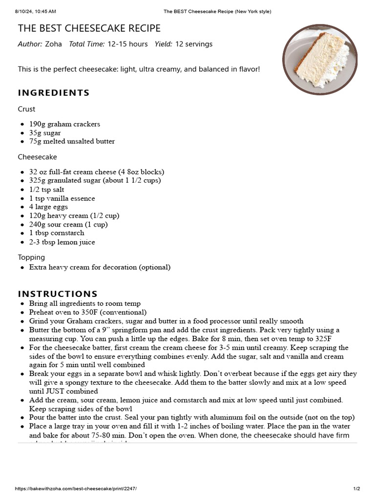 Classic New York Cheesecake Recipe | PDF | Cheesecake | Breads