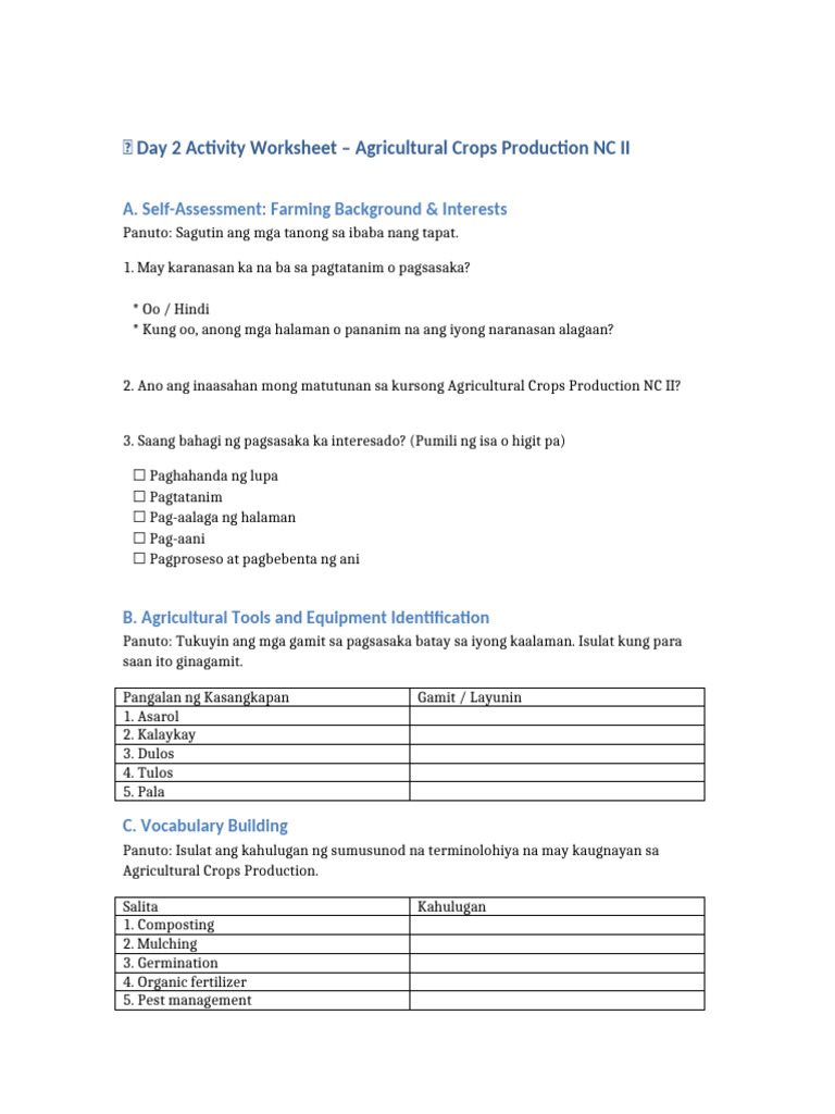 Agri Crops Day2 Worksheet | PDF