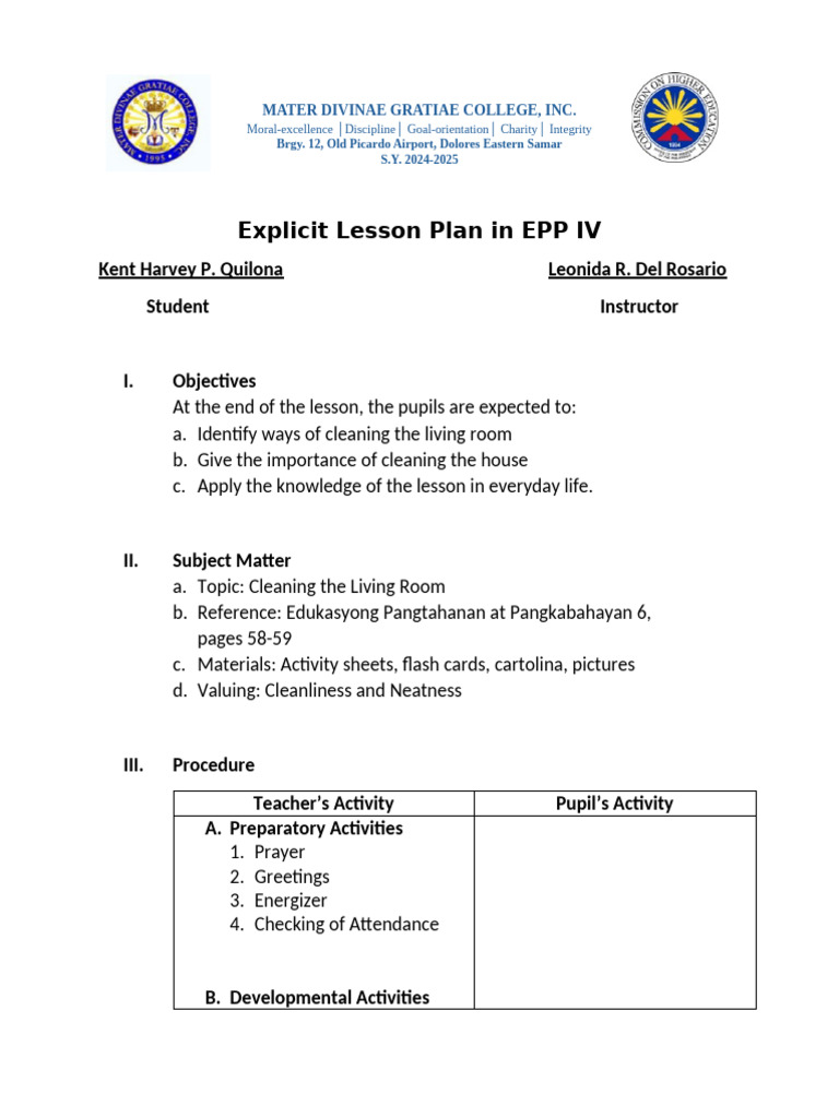 Teacher Leonida Lesson Plan in Epp | PDF | Housekeeping