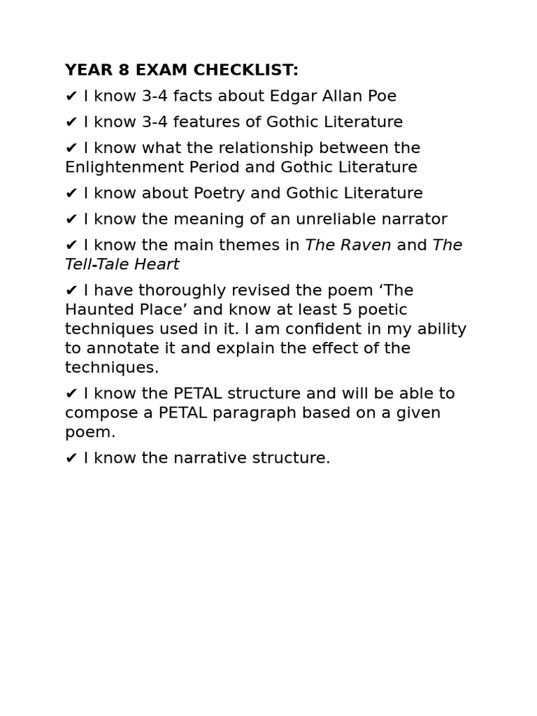 Year 8 Exam Checklist | PDF