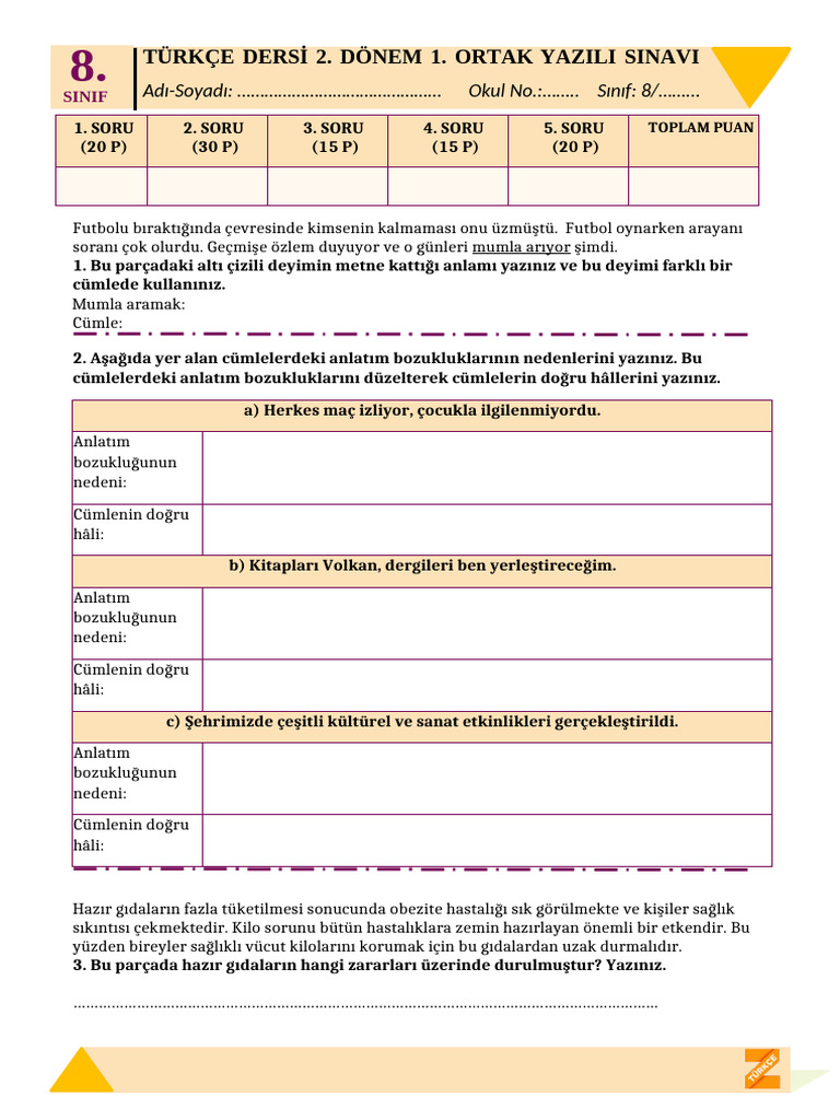 8.sinif 2. Donem 1.yazili Z Turkce Meb 2. Senaryo 5 Soru | PDF