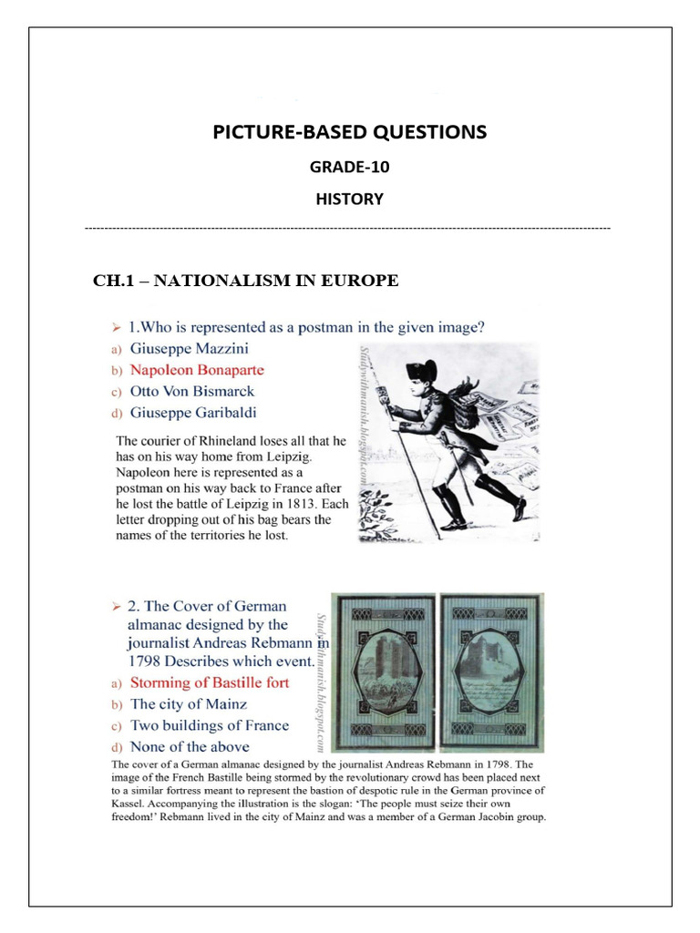 Picture-Based Questions, History, Grade-10 Diksha Sharma | PDF