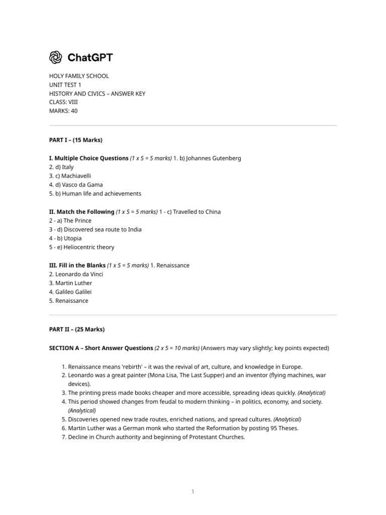Set 1 History Answer Key | PDF | Renaissance